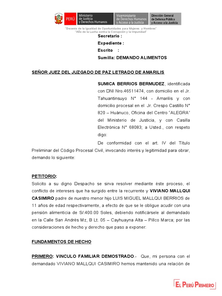 Demanda de Alimentos | PDF | Pensión alimenticia | Alimentos