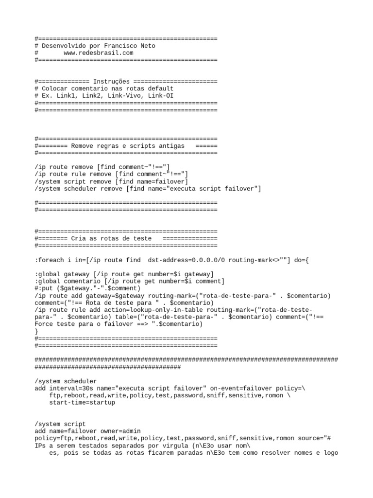 Jornada MikroTik - O DESAFIO - Aula 7 - Script Faillover | PDF