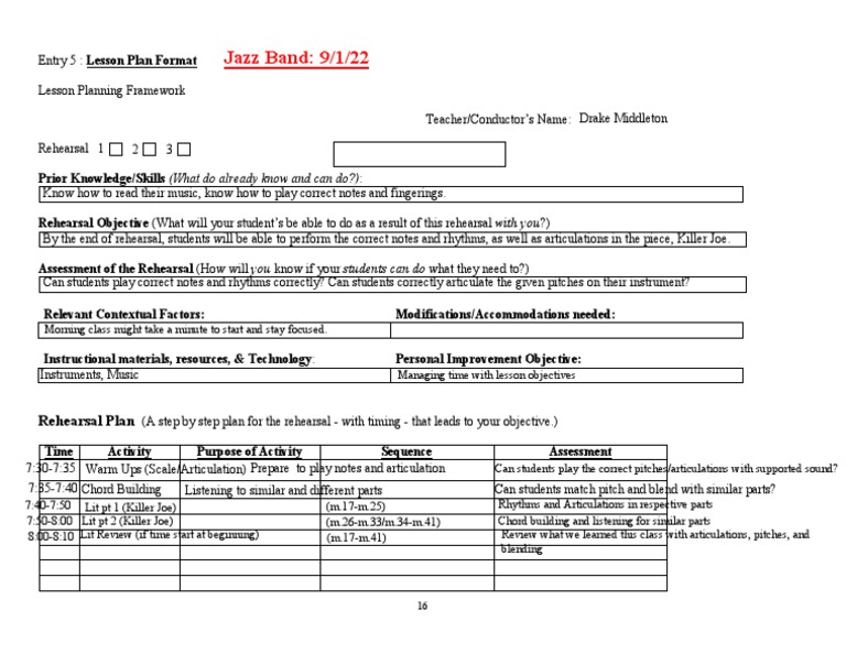 Jazz Band Rehearsal Lesson Plan | PDF | Language Arts & Discipline ...