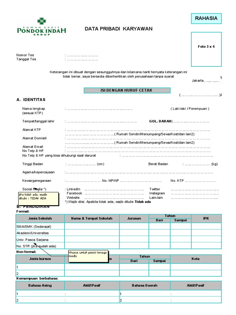 Form Biodata Karyawan RSPI - 4 Lembar | PDF