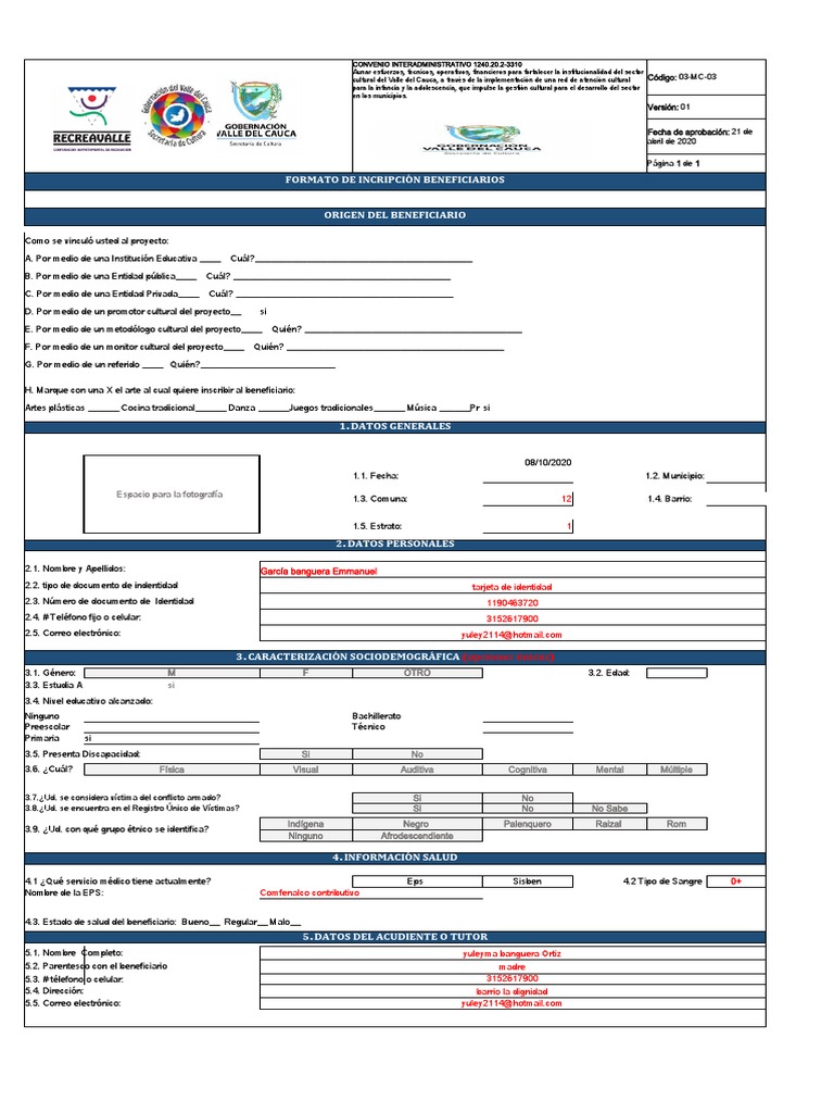 03-MC-03 Ficha de Inscripción de Beneficiarios Monitor Cultural VF | PDF