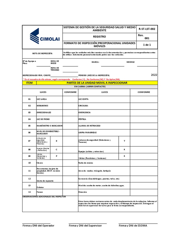 R-ST-LST-002 Formato de Inspección de Unidades Móviles - Vehículo | PDF ...