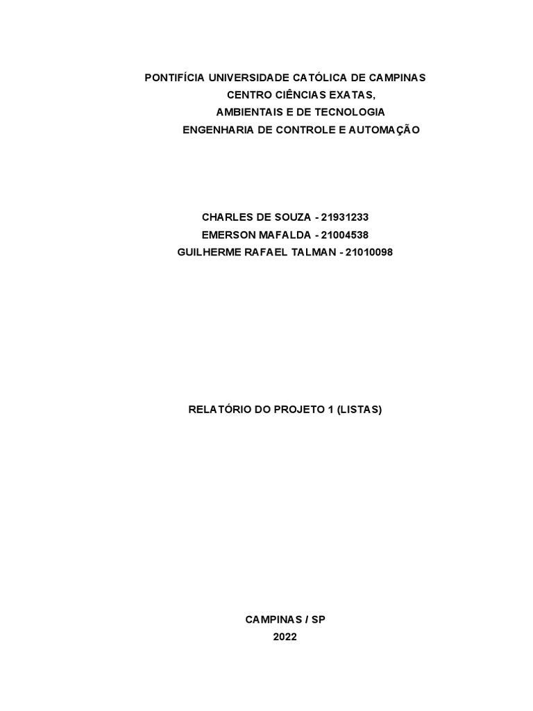 PUC-Campinas Relatório Projeto 1 Listas | PDF