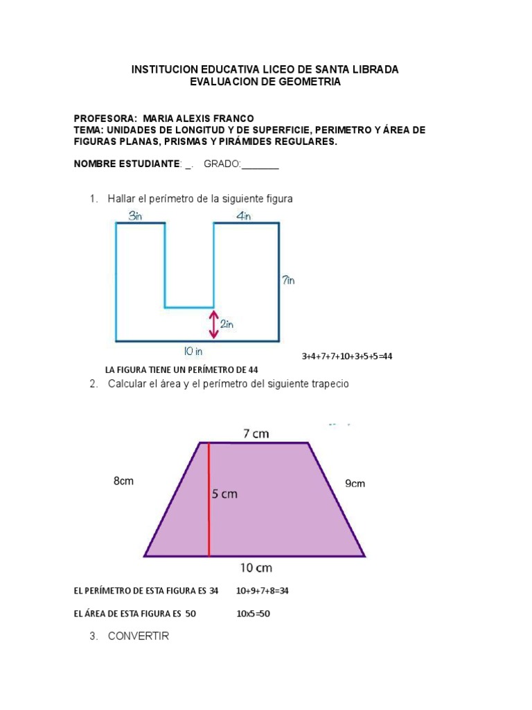 Evaluacion Sobre Area y Perimetro de Figuras Planas y Conversion de ...
