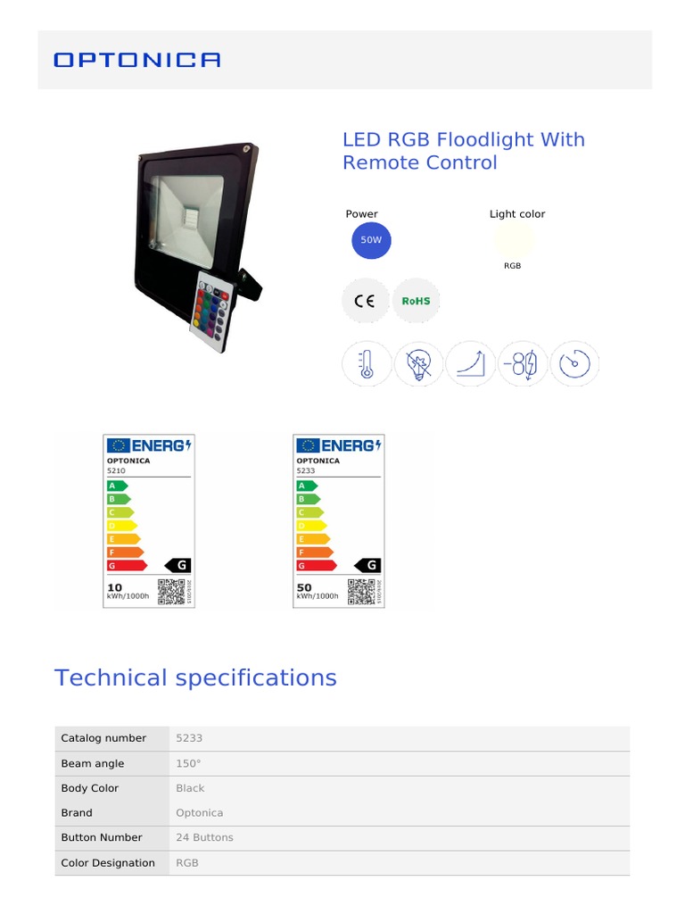 OptonicaLED Datasheet Led RGB Floodlight With Remote Control 50w RGB 1 ...