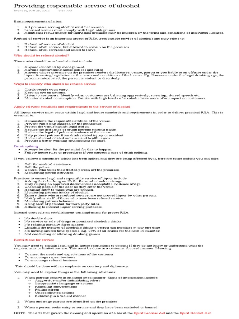 Responsible Service of Alcohol Guidelines | PDF | Alcoholic Drinks ...