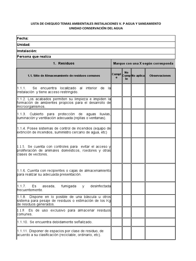 Lista de Chequeo en Instalaciones | PDF | Agua | Residuos