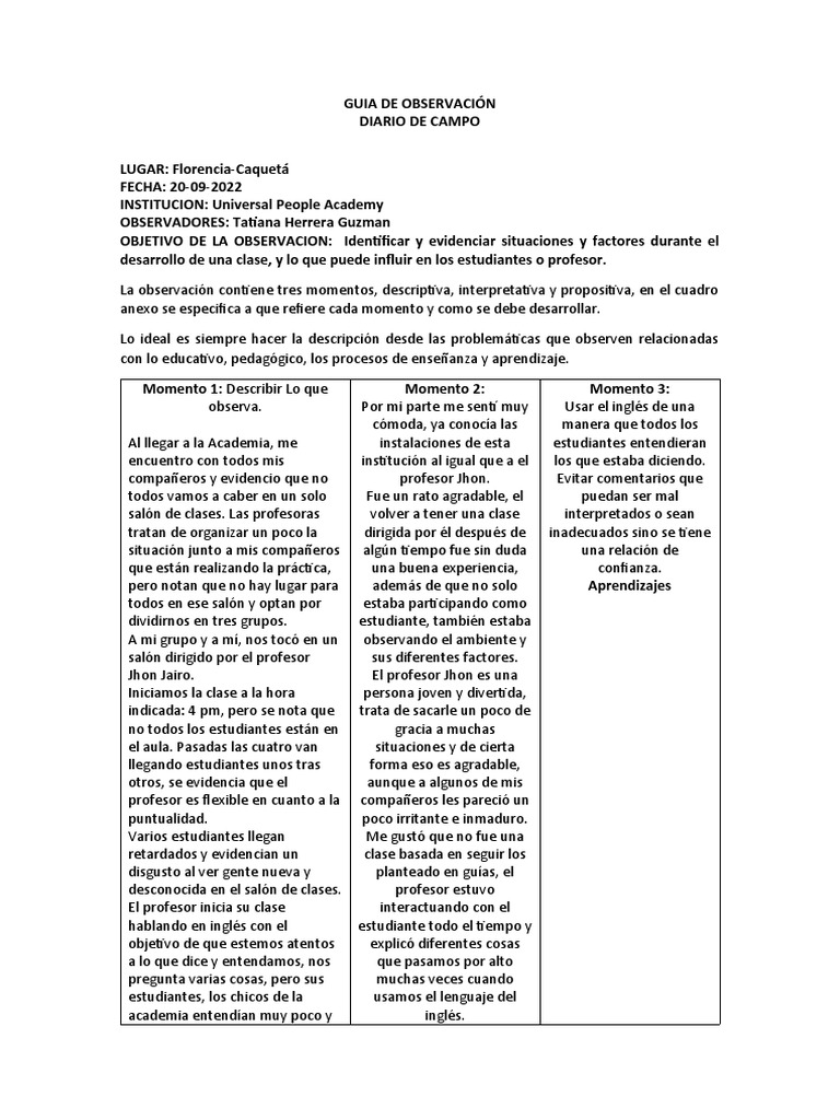 Guia de Observacion Diario de Campo | PDF | Método de enseñanza ...