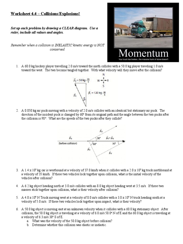 Collisions and Explosions Worksheet 4.4 | PDF | Collision | Physical ...