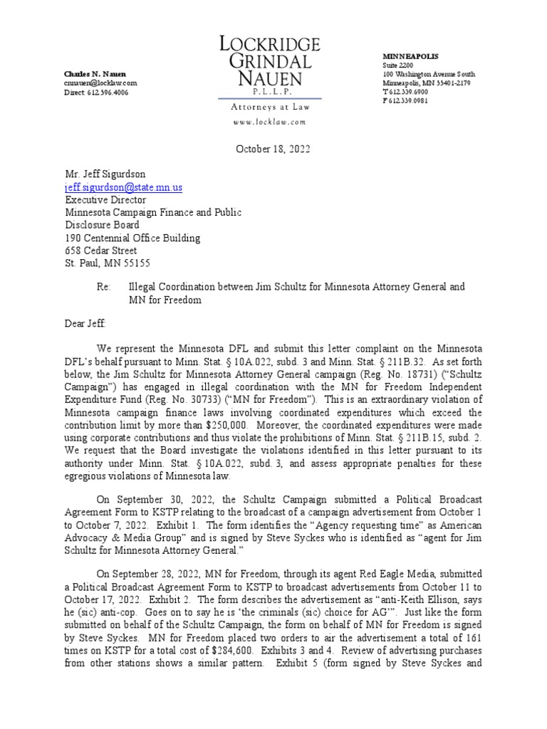 2022-10-18 DFL Complaint To Schultz Campaign Illegal Coordination With ...