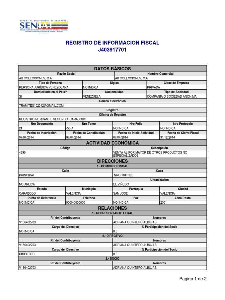 RIF AB COLECCIONES CA Consulta | PDF