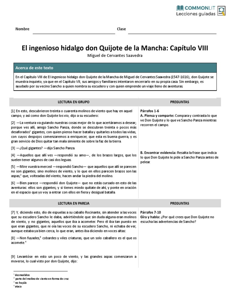 Copia Estudiante Lección Guiada Don Quijote de La Mancha Capítulo VIII ...