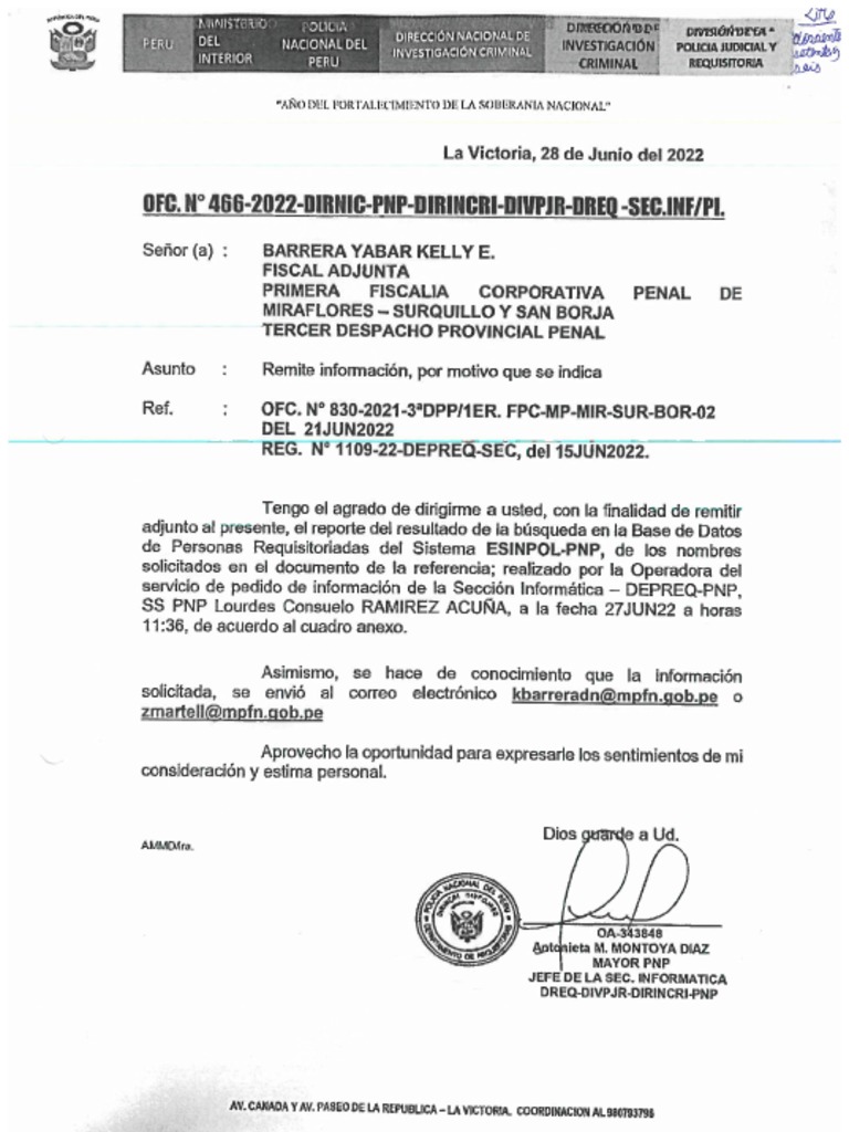 Ofcn° 466 2022 Dirnic Dpnp Dirincri Divpjr Dreq Sec Infpi Del 28 De Junio De 2022 Pdf 