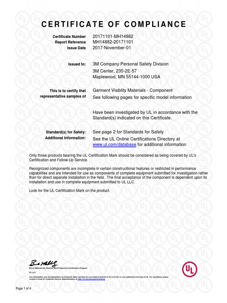 2017 3M Scotchlite NFPA Garments Certificate of Compliance MH14882 ...