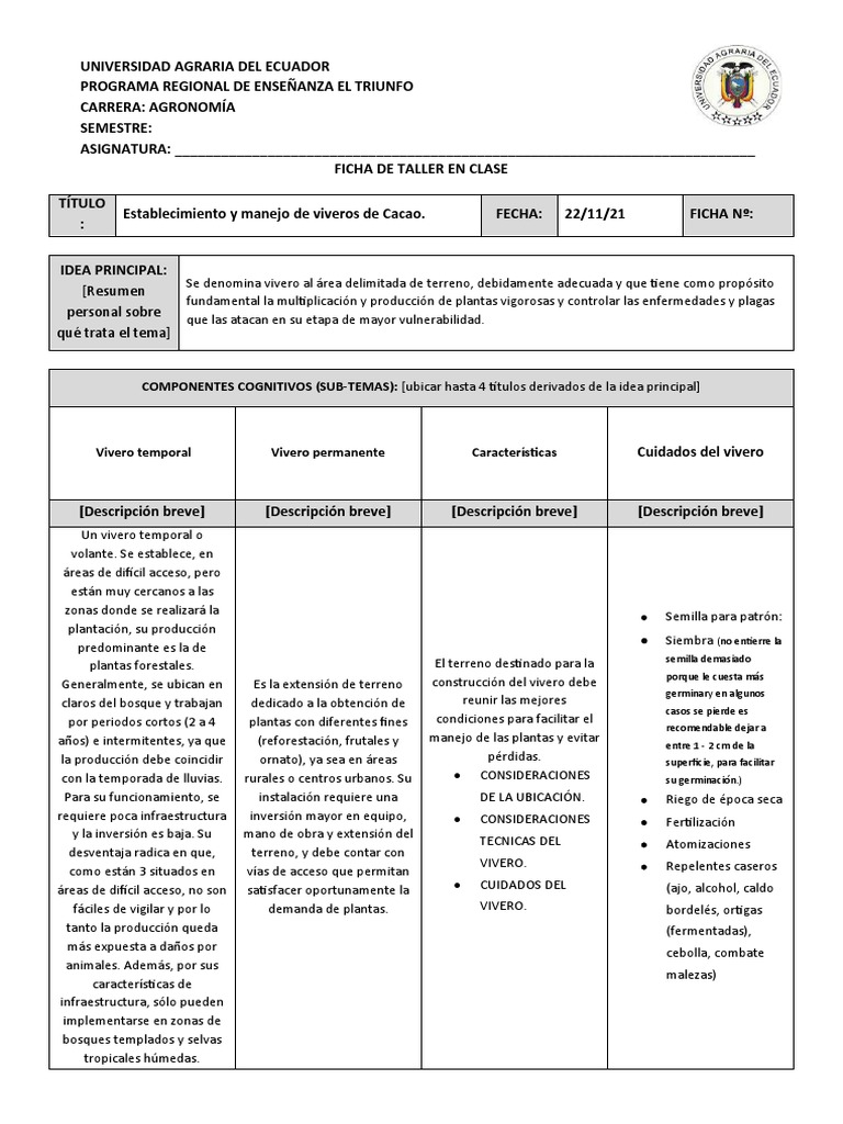 Establecimiento y Manejo de Viveros de Cacao. | PDF | Agricultura