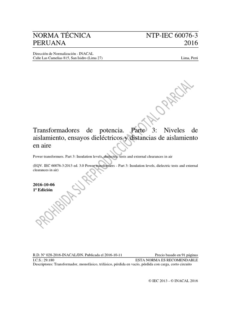 NTP Iec 60076 3 2016 | PDF | Transformador | Comisión Electrotécnica ...