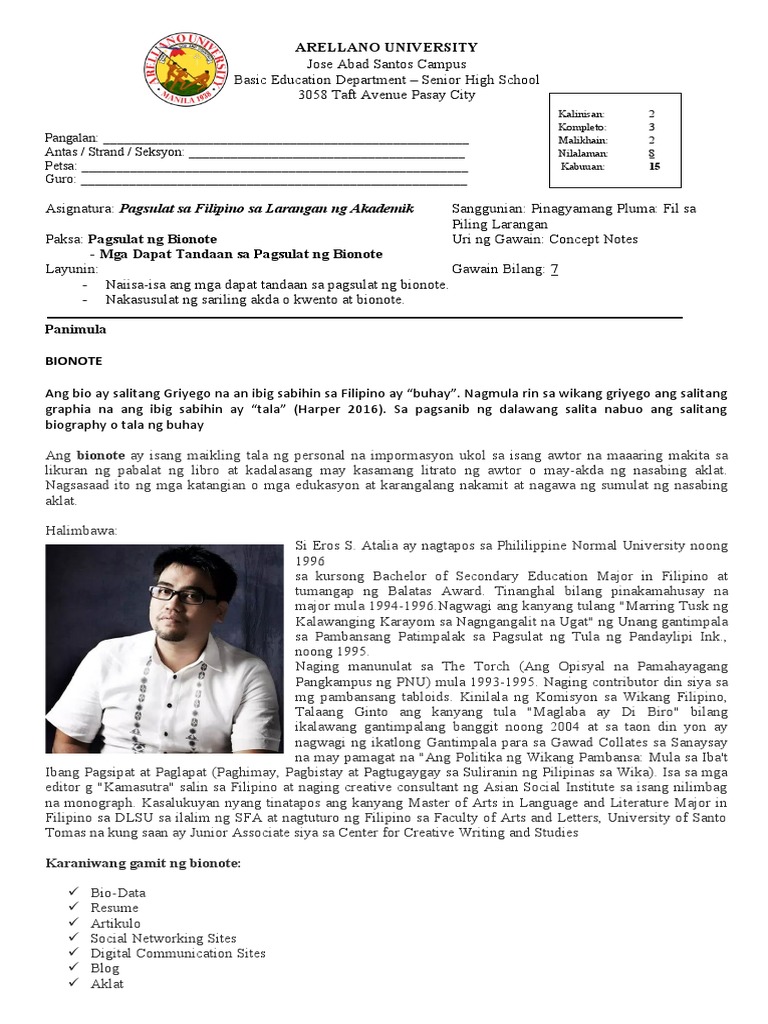 DLP 7 L07 Pagsulat NG Bionote | PDF