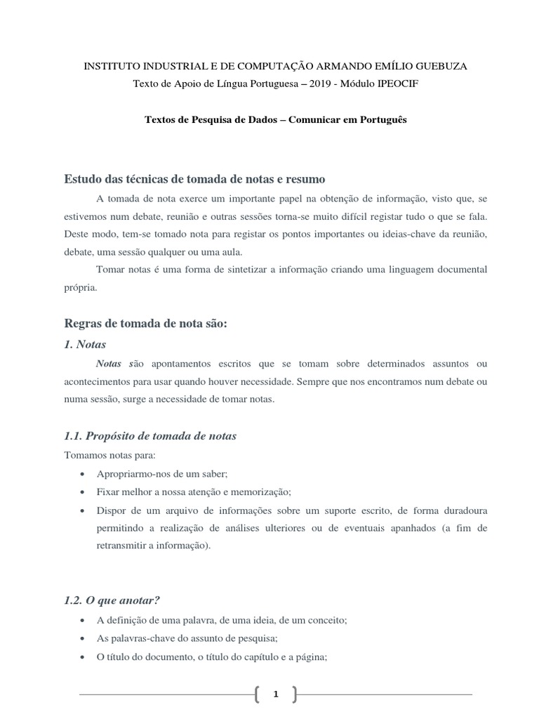 Estudo Das Técnicas de Tomada de Notas e Resumo | PDF | Informação ...