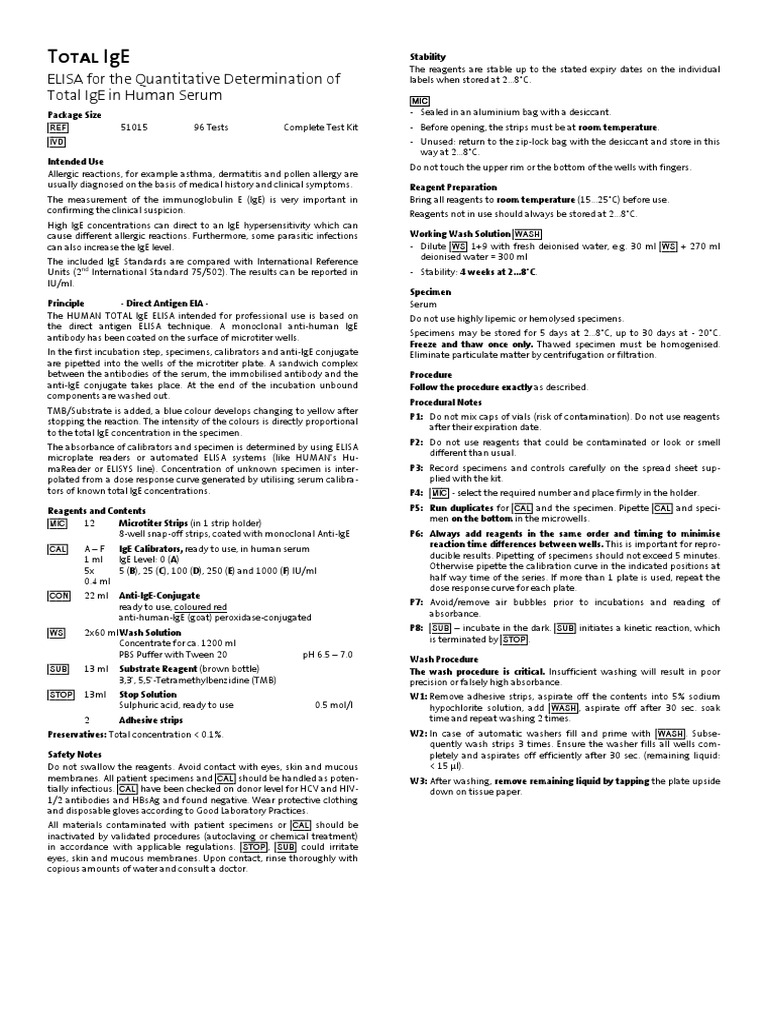Total IgE ELISA Test Kit Overview | PDF