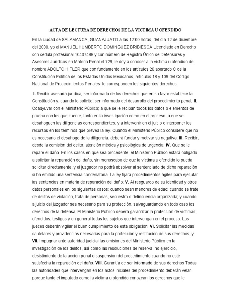 Acta de Lectura de Derechos de La Victima U Ofendido | PDF ...