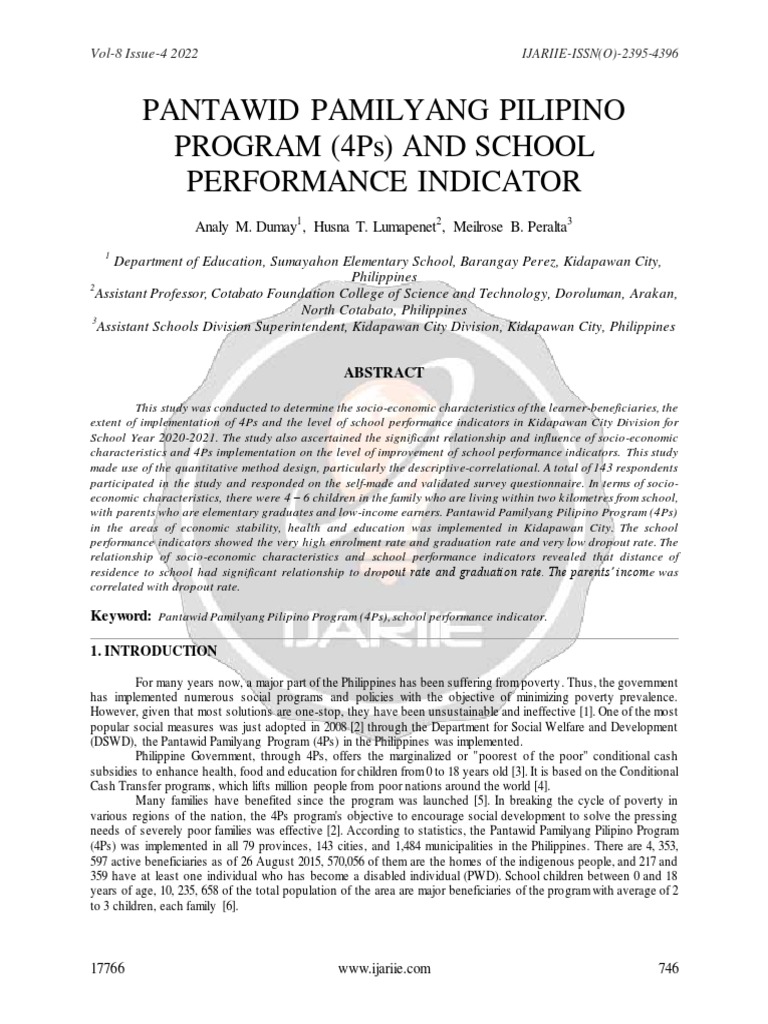 The Relationship Between Socio-Economic Characteristics, Implementation of the Pantawid ...