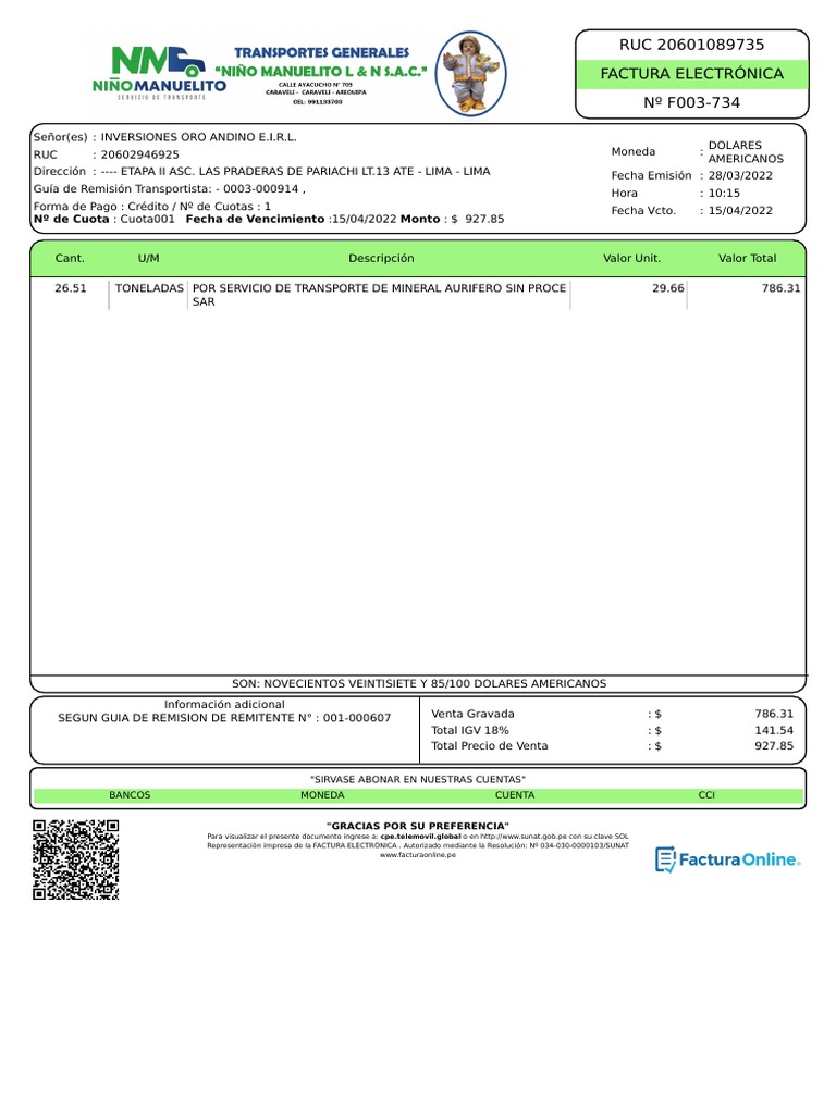 RUC 20601089735 Factura Electrónica #F003-734 | PDF | Dinero | Economias