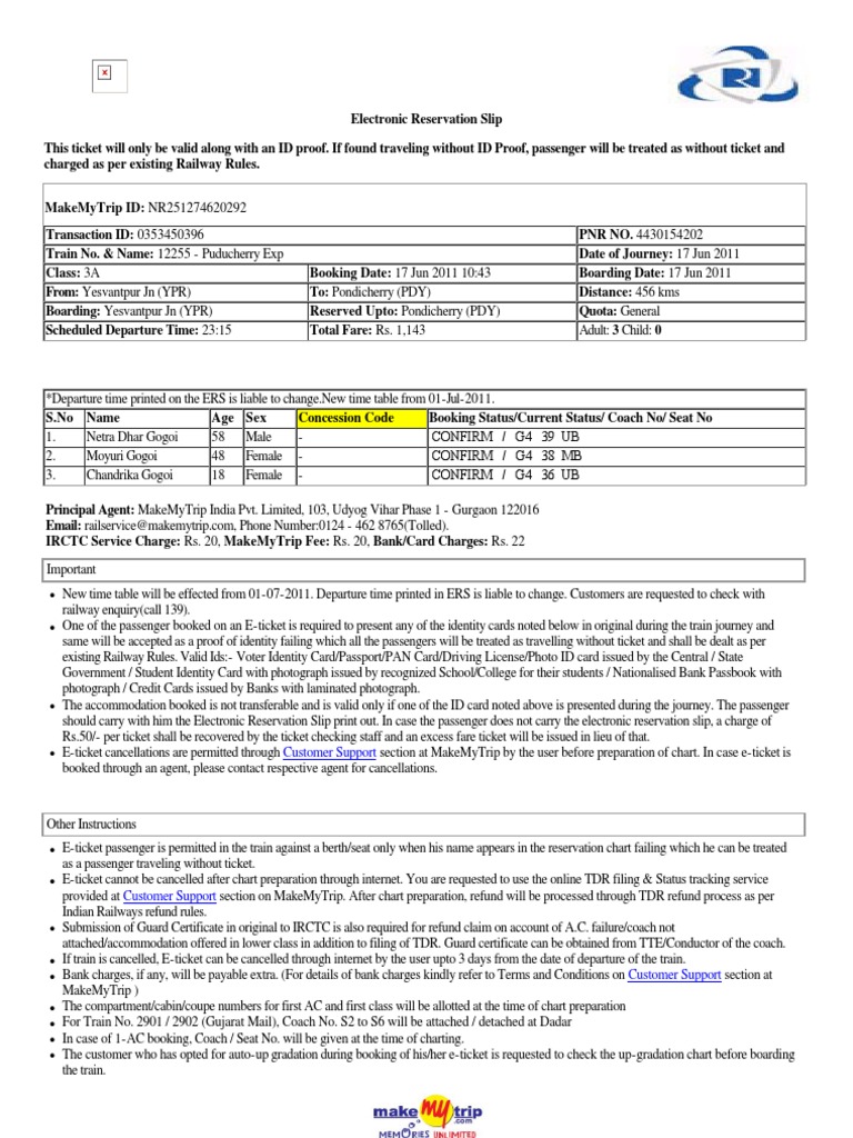 Rail E-Ticket - NR251274620292 - PNR 4430154202 - YPR-PDY | PDF ...