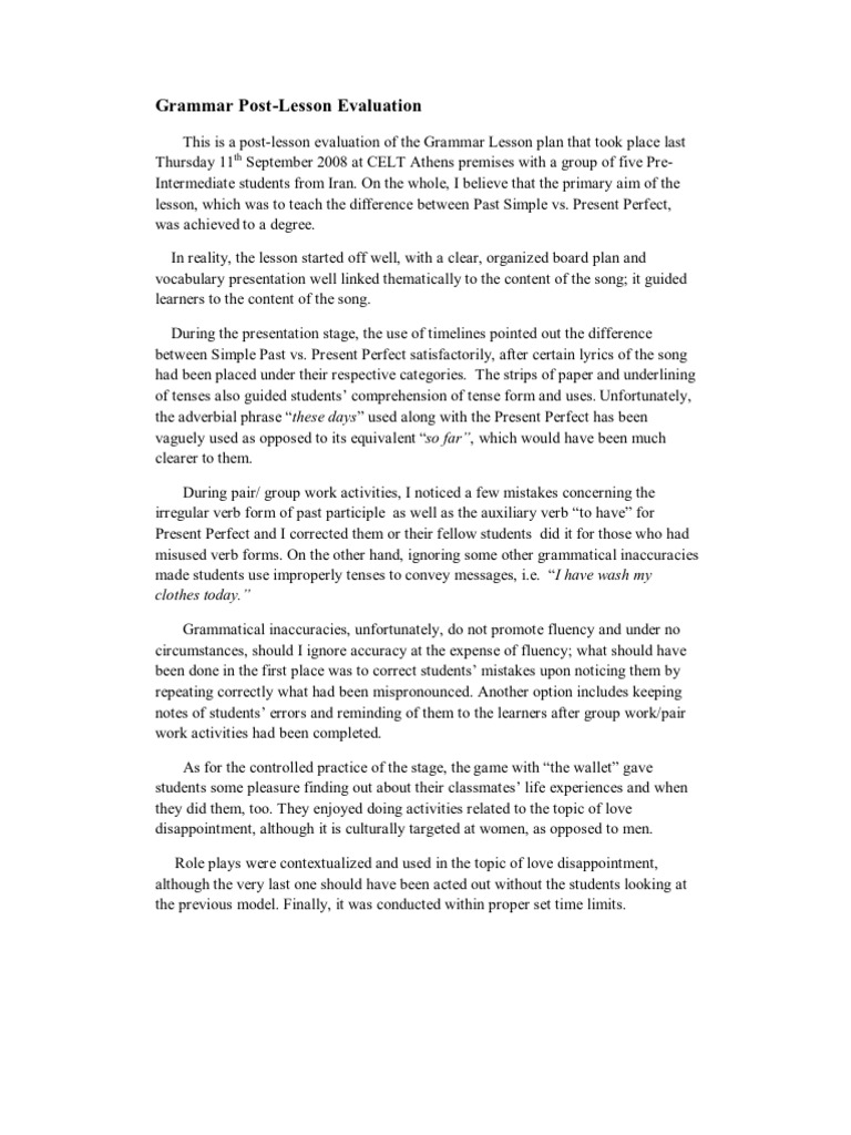 Grammar Post-Lesson Evaluation | PDF | Perfect (Grammar) | Grammatical ...