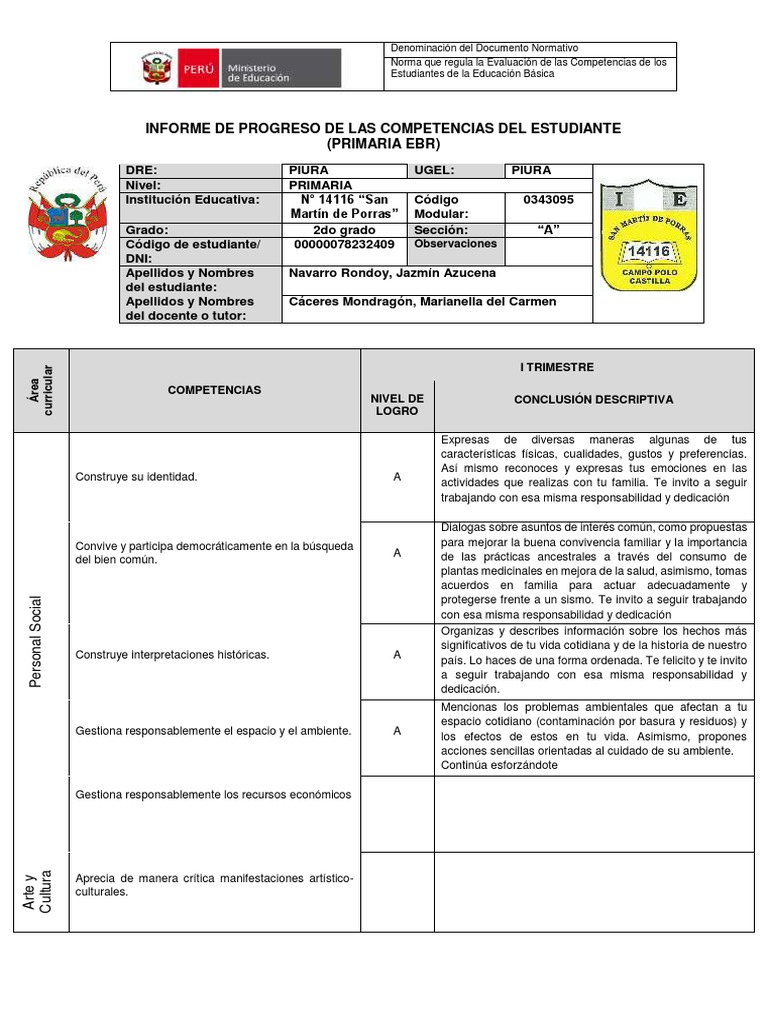 Informe de Progreso de Competencias EBR | PDF | Educación primaria ...