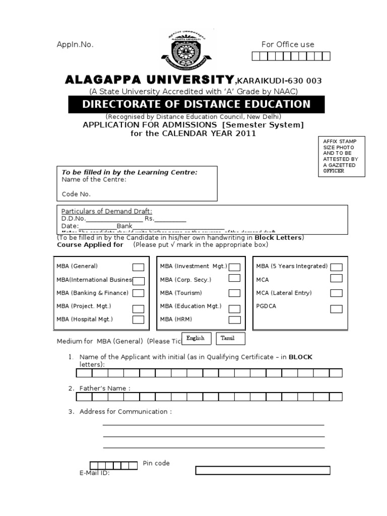 Alagappa University MBA Admission Form | PDF | Master Of Business ...