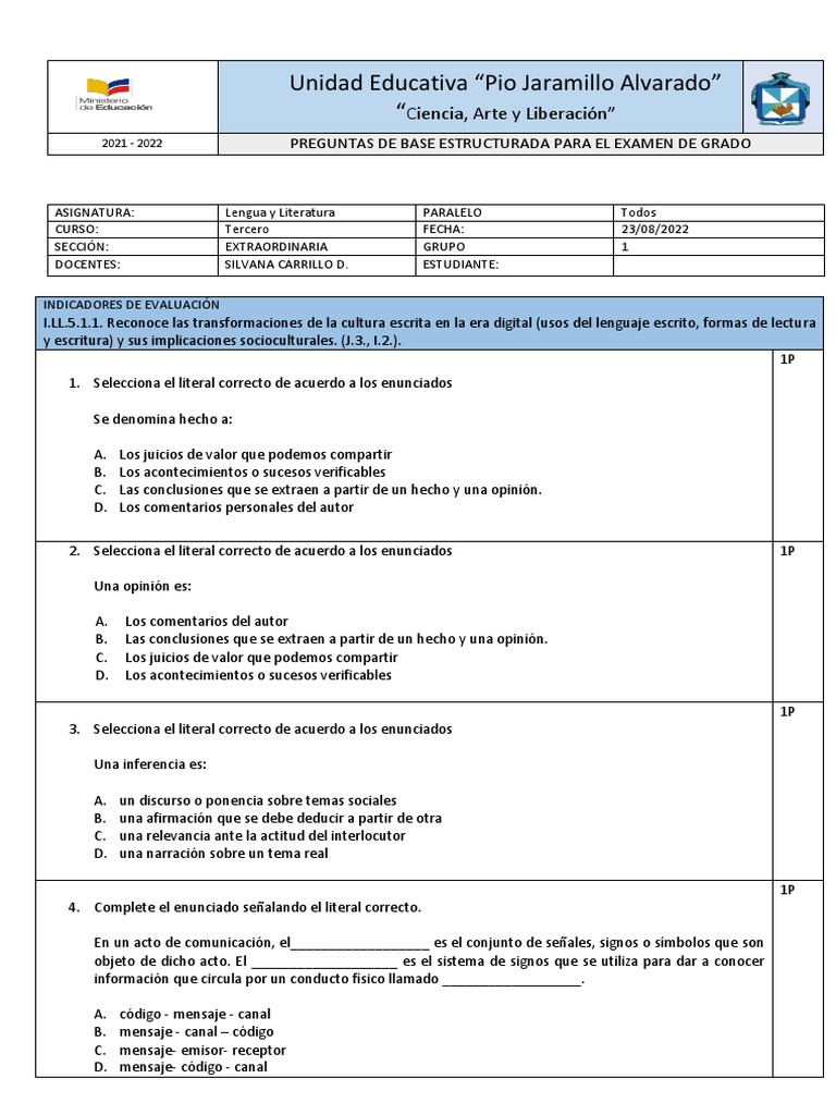 Examen de Grado Tercero Bgu Lengua y Literatura | Descargar gratis PDF ...