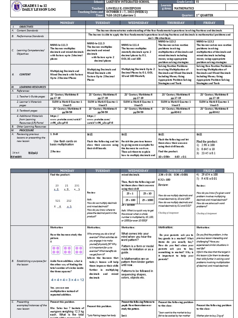 DLL Mathematics-6 Q1 W5 | PDF | Multiplication | Learning