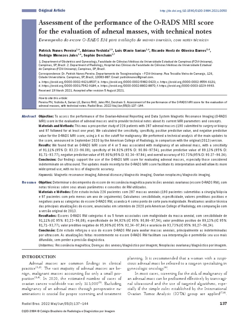 Assessment of The Performance of The O-RADS MRI Score For The ...
