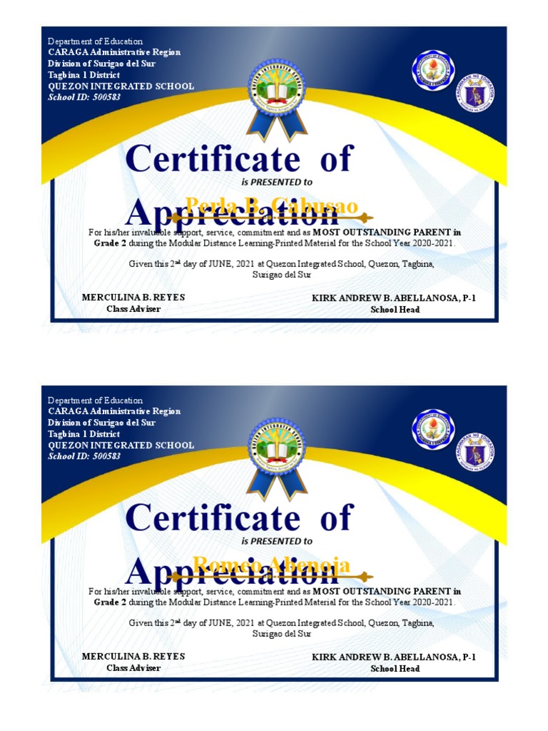 Grade 2 Outstanding Parent Awards | PDF