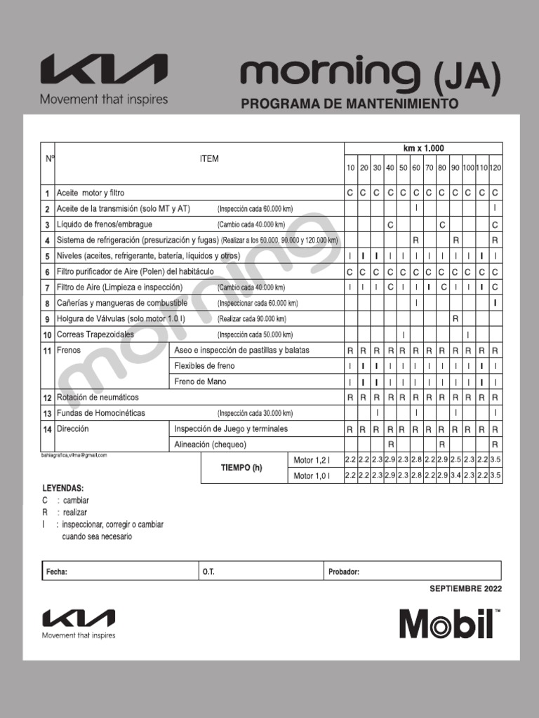 Kia Morning Pauta de Mantenimiento | PDF