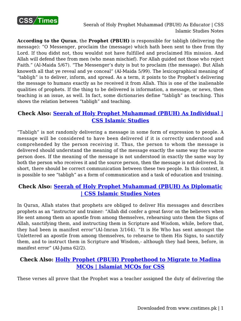 Seerah of Holy Prophet Muhammad (PBUH) As Educator - CSS Islamic ...