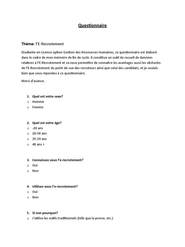 Questionnaire Mémoire | PDF