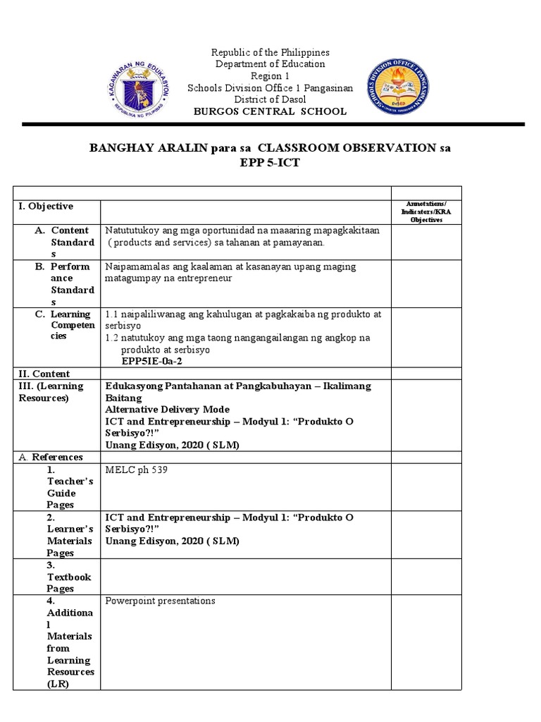 banghay-aralin-sa-EPP-5-ICT-with-indicators and Annotations | PDF ...