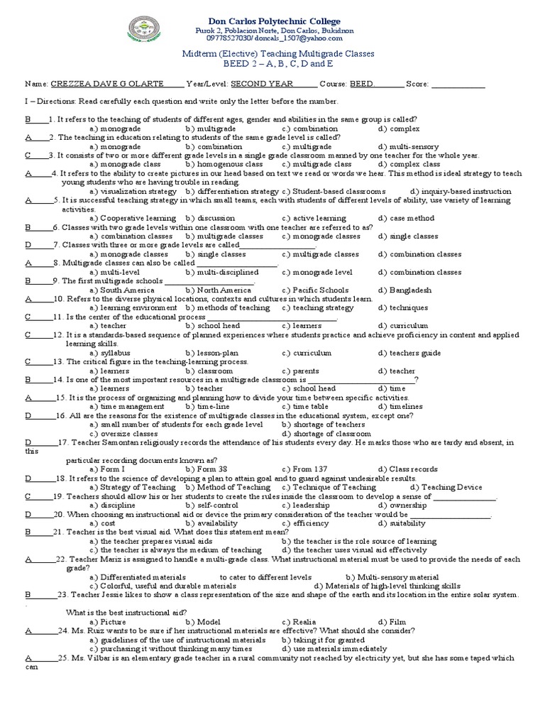 MG Midterm Exam - Elective | PDF | Teaching Method | Teachers