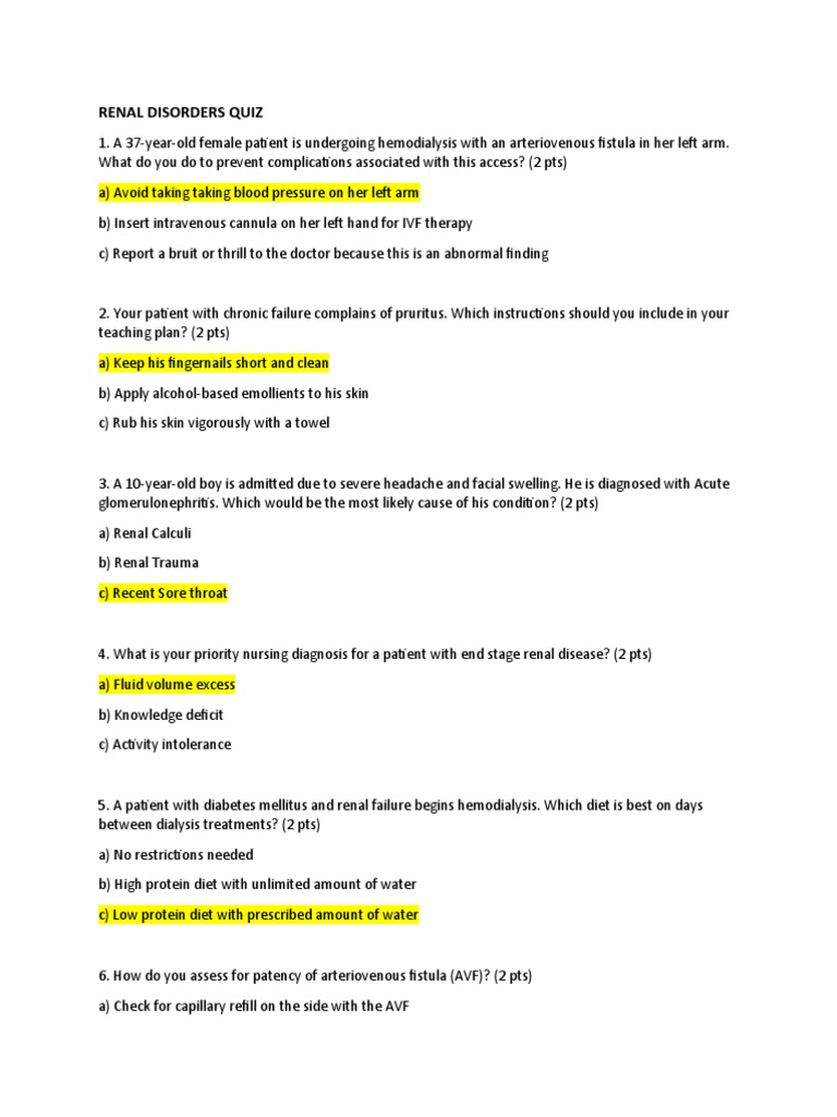 Renal Disorders NCLEX Quiz | PDF | Urinary Tract Infection | Hemodialysis