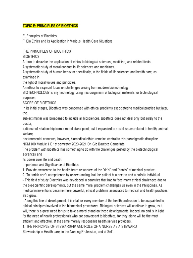 TOPIC E Principles of Bioethics | PDF | Bioethics | Kidney Transplantation