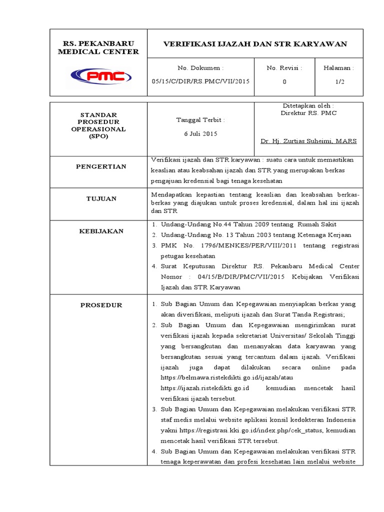 SPO Verifikasi Ijazah Dan STR Karyawan | PDF