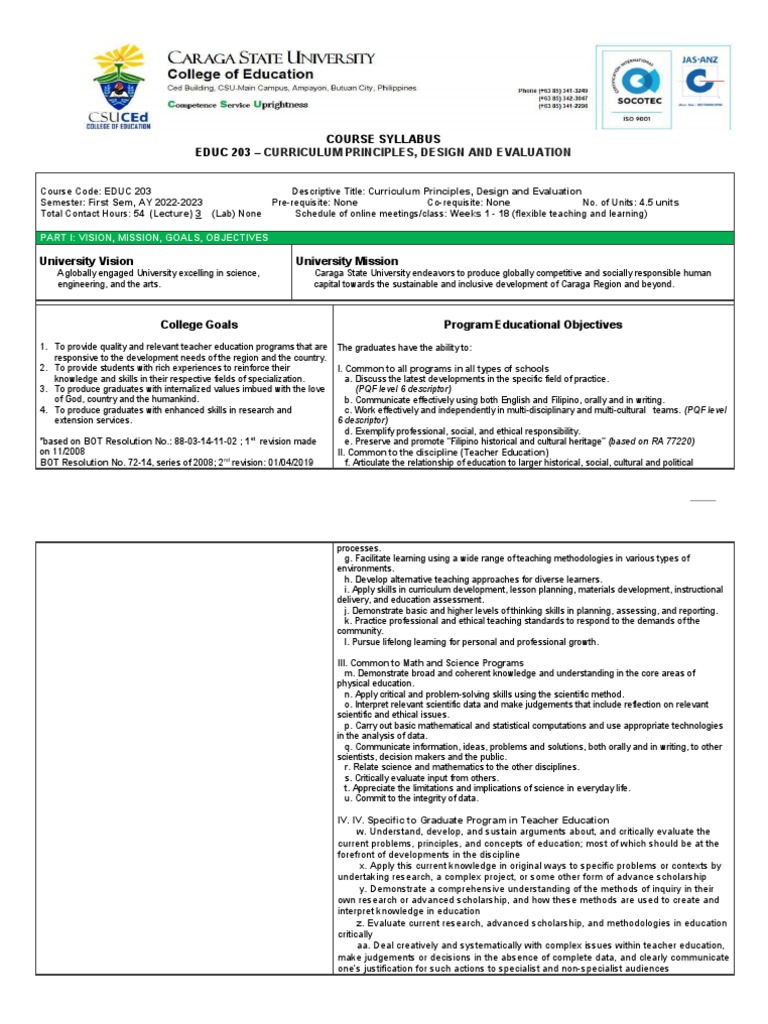 Educ 203 (Curricullum Principles, Design Adn Evaluation) | PDF ...