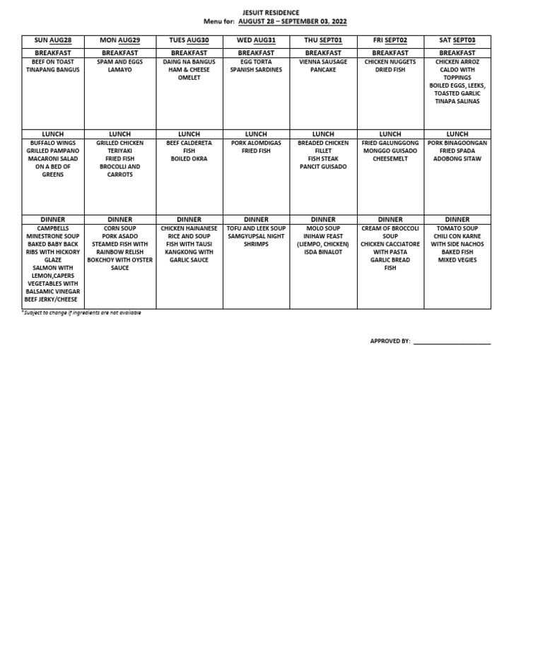 Jesuit Residence weekly menu August 28 - September 03 | PDF | Soup | Lunch