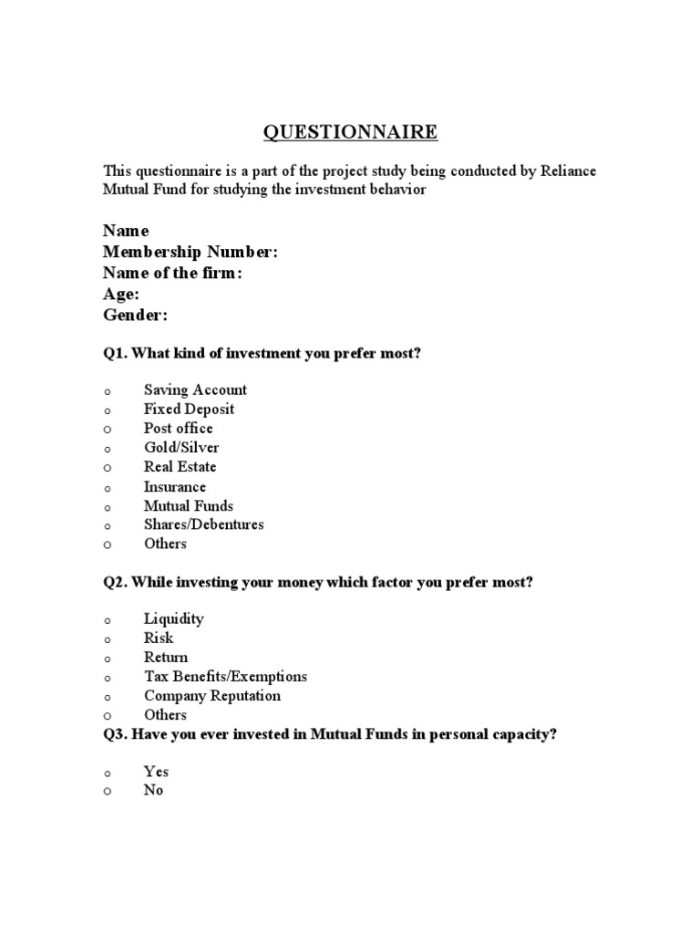 Questionnaire | Mutual Funds | Investing | Free 30-day Trial | Scribd