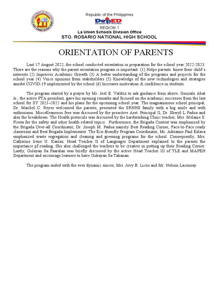 Brigada Eskwela Narrative Parent Orientation | PDF | Behavior ...