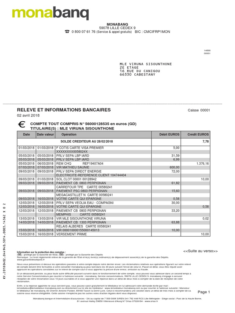 Extrait de Comptes Au 2018-04-02-2 | PDF | Bancaire | Argent