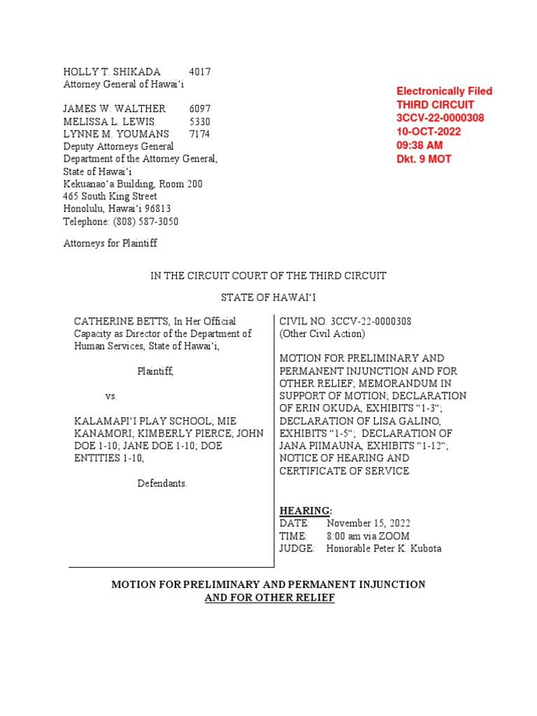 Motion of Preliminary Injunction | PDF | Injunction | Child Care Motion of Preliminary Injunction | PDF | Injunction | Child Care