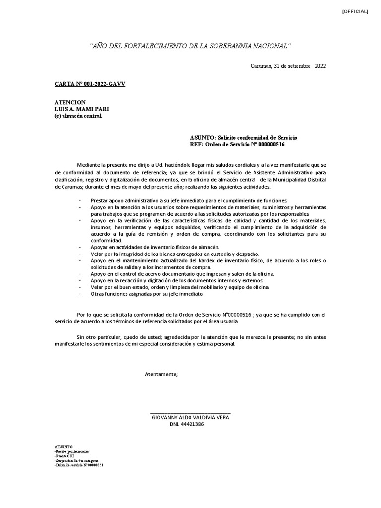 Carta Conformidad Gvv Set Pdf