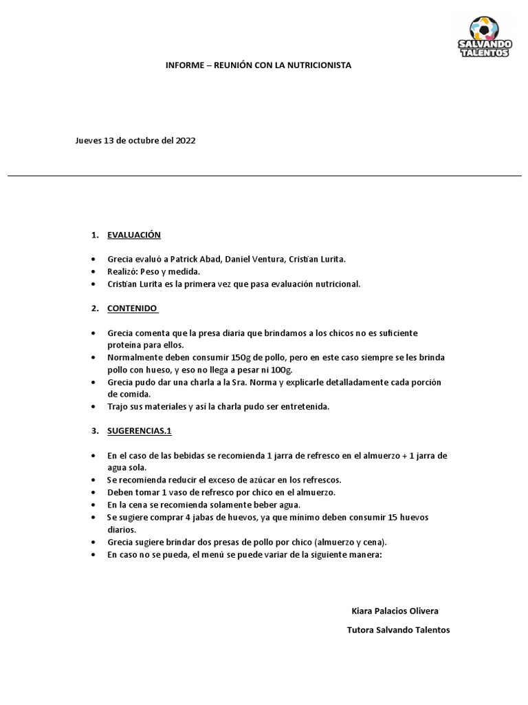 Informe Evaluación Nutricional Jueves 13 de Octubre | PDF | Batata ... Informe Evaluación Nutricional Jueves 13 de Octubre | PDF | Batata ...